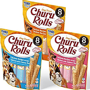 INABA Churu Rolls for Dogs, Grain-Free, Soft/Chewy Baked Chicken Wrapped Churu Filled Dog Treats, 0.42 Ounces Each Stick| 24 Stick Treats Total (8 Sticks per Pack), 3 Flavor Variety Pack (24 Sticks)