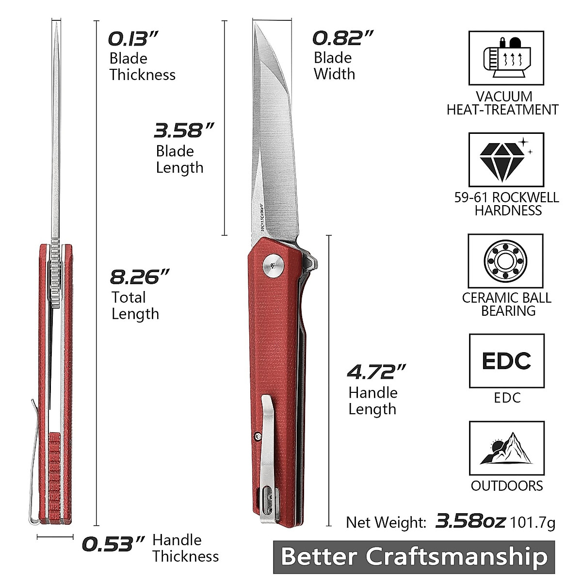 TRIVISA Japanese Front Flipper Pocket Knife，3.58in Stonewashed&Satin Folding Tanto Blade Red Micarta Handle with Clip，Unique Liner Lock Slim EDC Knives for CEO Gentleman/Men Camping Hunting,Equ-04R