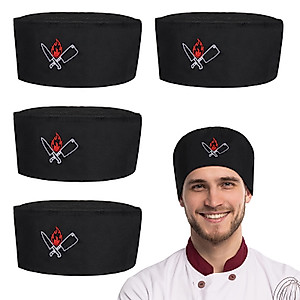 4 Pieces Unisex Chef Hat Mesh Top Skull Hat Fabric Chef Hat Kitchen Cooking Beanie Hat Elastic Food Service Skull Hat for Adults Mixed Color One Size (Black,Simple Style)