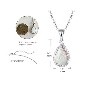 FANCIME Sterling Silver Opal Necklace White Fire Opal Halo Waterdrop Teardrop Pear Shape Opal Pendant October Birthstone Necklace Jewelry for Women 16”+2”