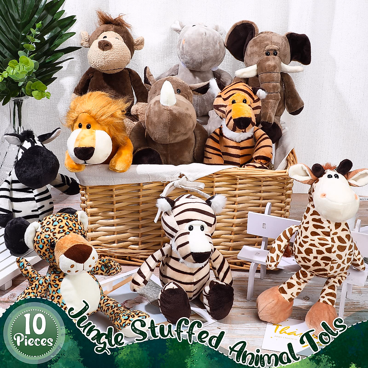 HyDren 10 Pcs Safari Stuffed Animals Plush Jungle Animal Toys for Girls Boys, Elephant Giraffe Lion Tiger Monkey Rhinoceros Zebra White Tiger Leopard Hippo for School Classroom Achievement Award