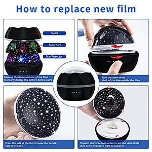 Night Light Projector for Kids Superhero Toys for Boys, 360 Degree Rotation Baby Night Lights with Super Hero Figures and Star Theme, Birthday Party Festival Decor(Black)