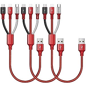 Short Multi Charging Cable 3A 3Pack Multiple USB Fast Charger Cable for IP/Micro-USB/Type-C Ports for Cell Phones/Tablets/Samsung Galaxy/LG/Google Pixel/Huawei/HTC/OnePlus/Sony/Moto/Ps4 (1ft/35cm)