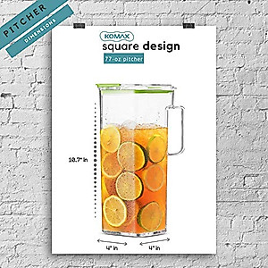 Komax Large Plastic Water Pitcher with Lid Square Water Carafe with Lids – BPA-Free, Dishwasher Safe Plastic Pitcher – Water, Tea, or Juice Containers with Lids for Fridge (2.3 Liters)