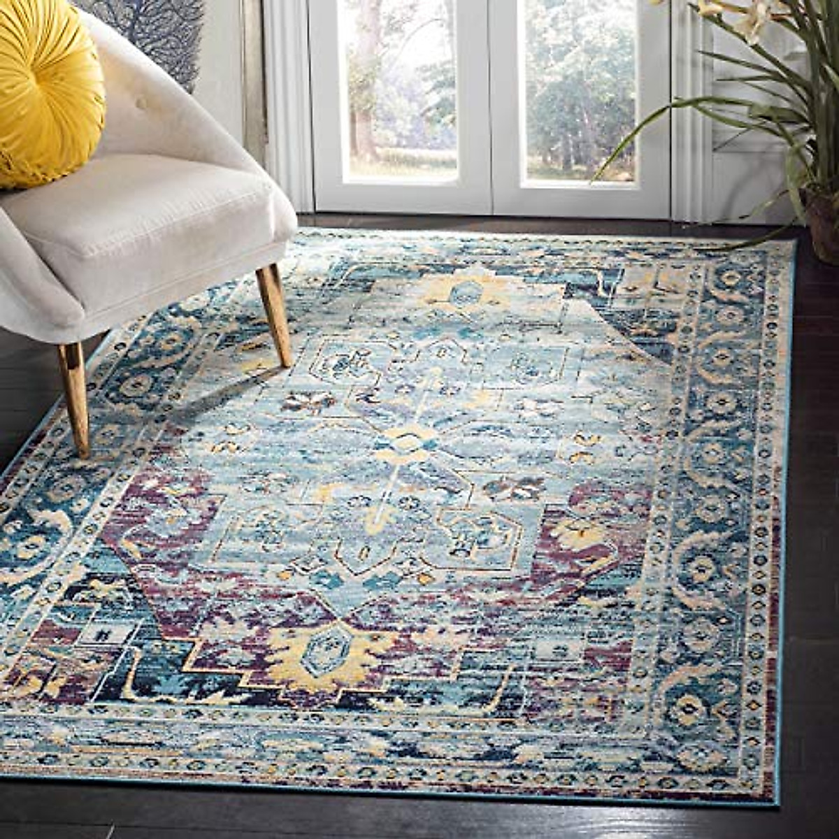 SAFAVIEH Crystal Collection 8' x 10' Teal / Purple CRS503D Boho Chic Oriental Medallion Distressed Non-Shedding Living Room Bedroom Dining Home Office Area Rug