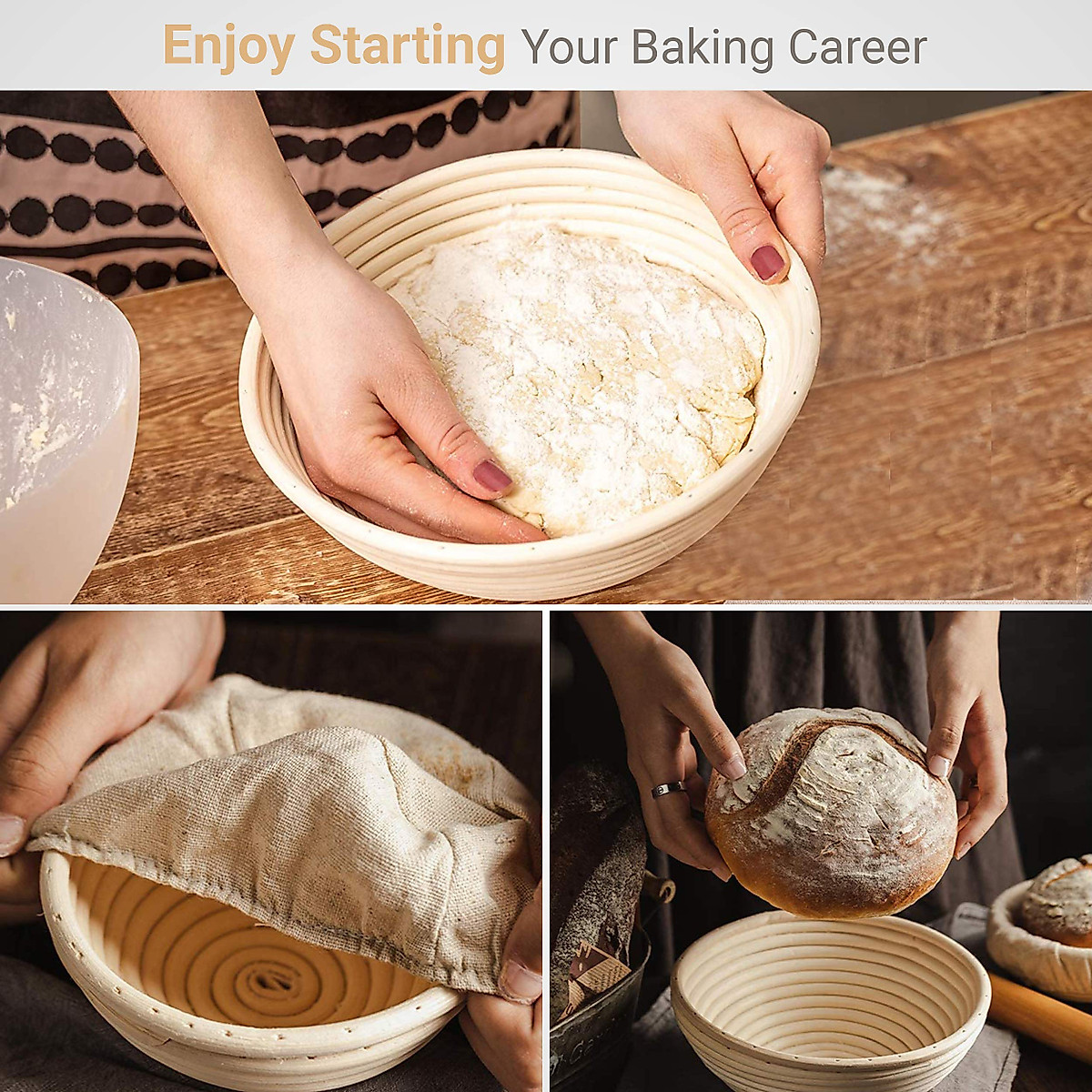 Bread Proofing Banneton Basket Set - 9 Inch Round Natural Rattan Bread Basket, with Linen Liner Cloth and Sourdough Bread Scraper Tool, Ideal Basket Gift For Professional Or Home Bakers