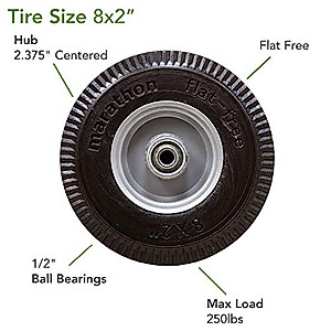 Marathon 8x2" Flat Free, Hand Truck / All Purpose Utility Tire on Wheel, 2.375" Centered Hub, 1/2" Bearings