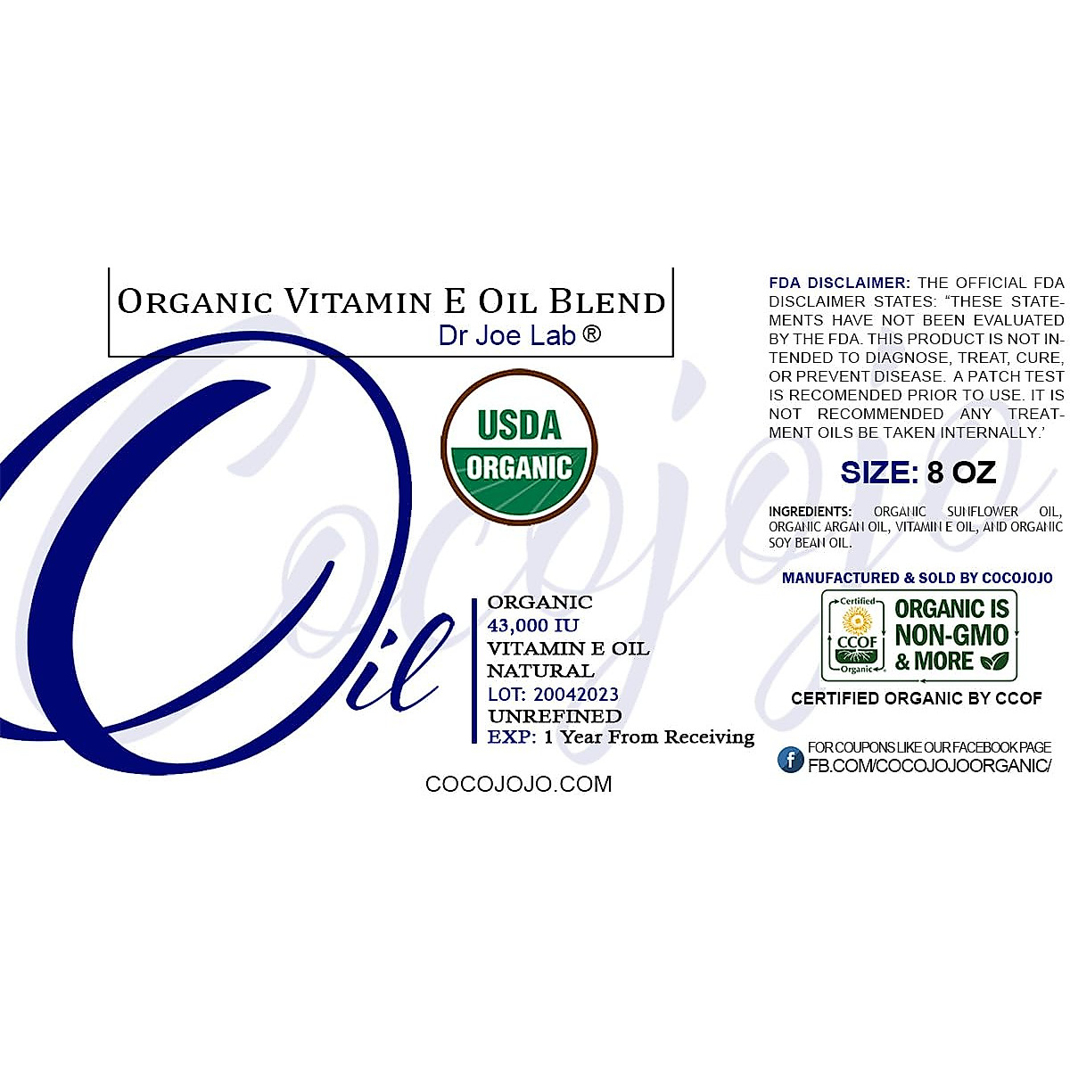 Dr Joe Lab Vitamin E Oil for Skin, Organic Vitamin E Oil for Hair, Face, Liquid Vitamin E, Vitamin E Body Oil, 100% Pure Natural Cold Pressed Unrefined, Moisturizes & Nourishes, Non GMO - 8 Oz