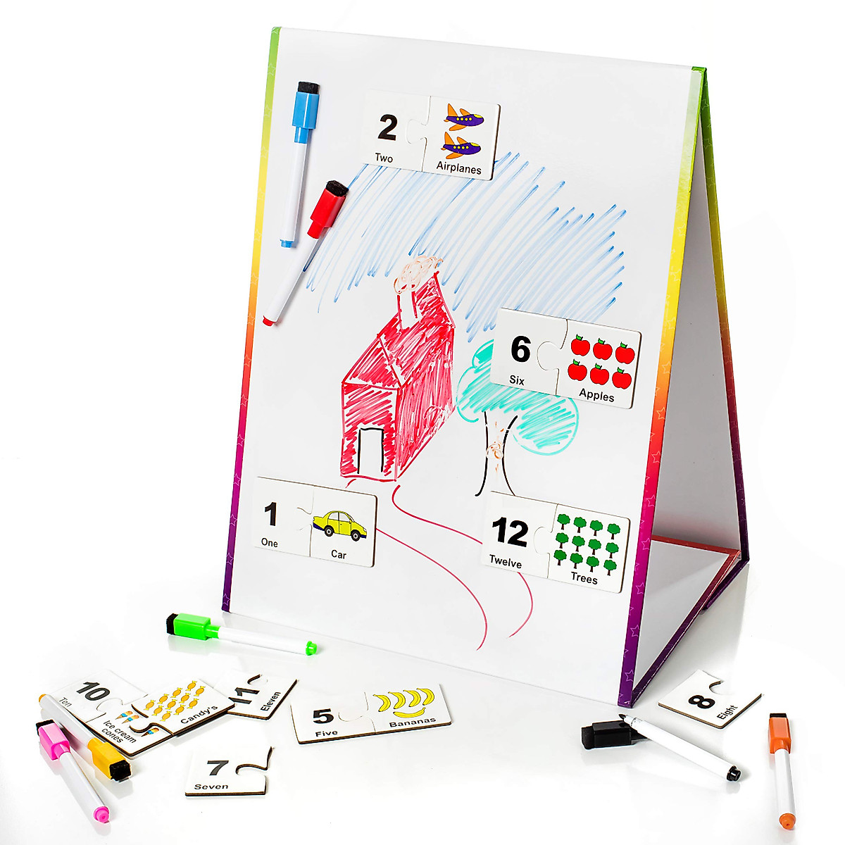 Abesons Kids Self-Standing Double-Sided Tabletop Magnetic Easel Dry Erase White Board. Includes 8 Dry Erase Markers + Educational Magnetic Numbers Puzzle (Easel + Puzzle)
