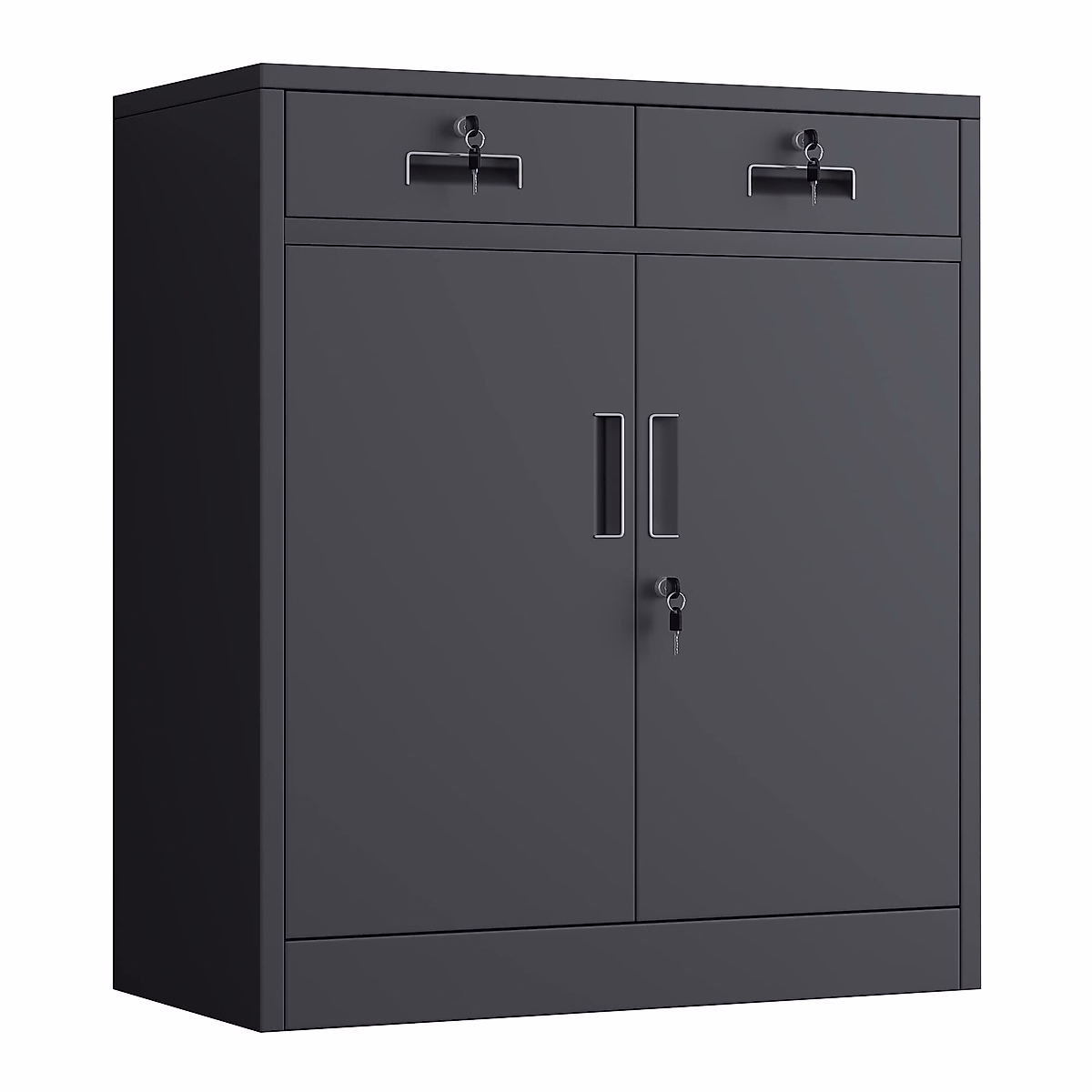 JINGUR Metal Storage Cabinet with Locking Doors and 2 Drawers, Lockable Storage Cabinets with Adjustable Shelf for Home Office and Garage (Black)