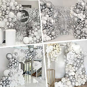 132pcs Silver and White Balloon Arch Kit, Metallic Silver and White Balloons Different Sizes of 18 12 10 Inch Balloons for Wedding Anniversary Baby Shower Graduation Birthday Party Decoration