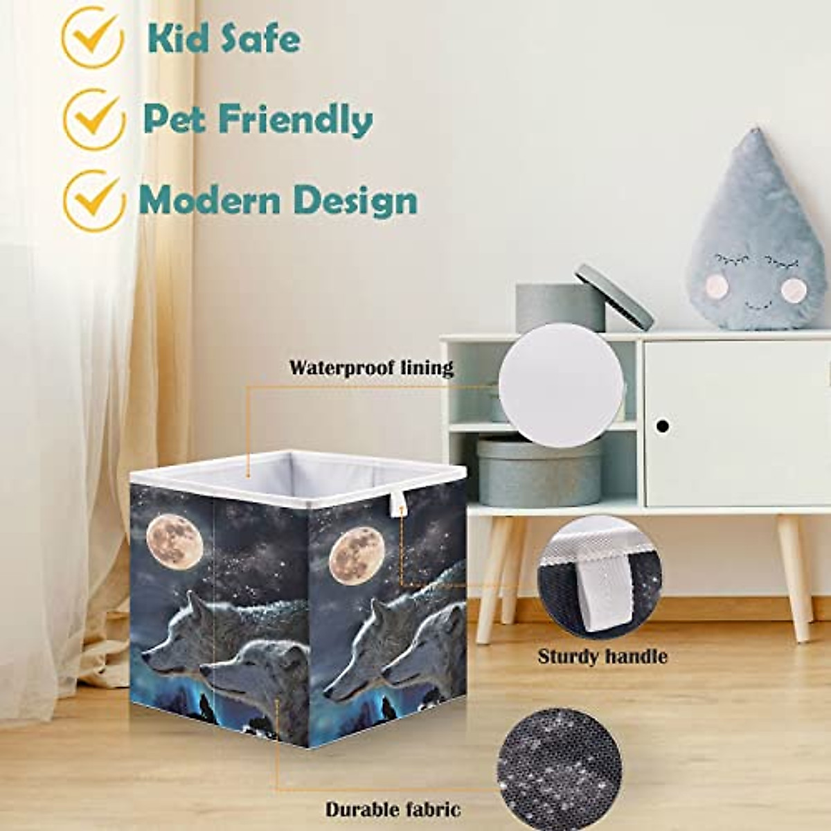 visesunny Closet Baskets Wolf Animal Storage Bins Fabric Baskets for Organizing Shelves Foldable Storage Cube Bins for Clothes, Toys, Baby Toiletry, Office Supply