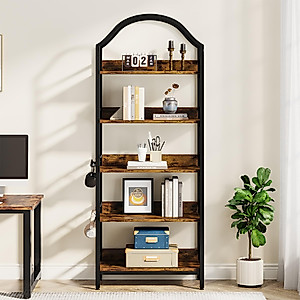 Tribesigns 5-Tier Bookshelf, 73" Tall Arched Bookcase, Industrial Wood Storage Rack Open Shelves with 4 Hooks, Modern Standing Bookshelves Metal Frame Display Rack for Home Office, Brown, 1 Pc