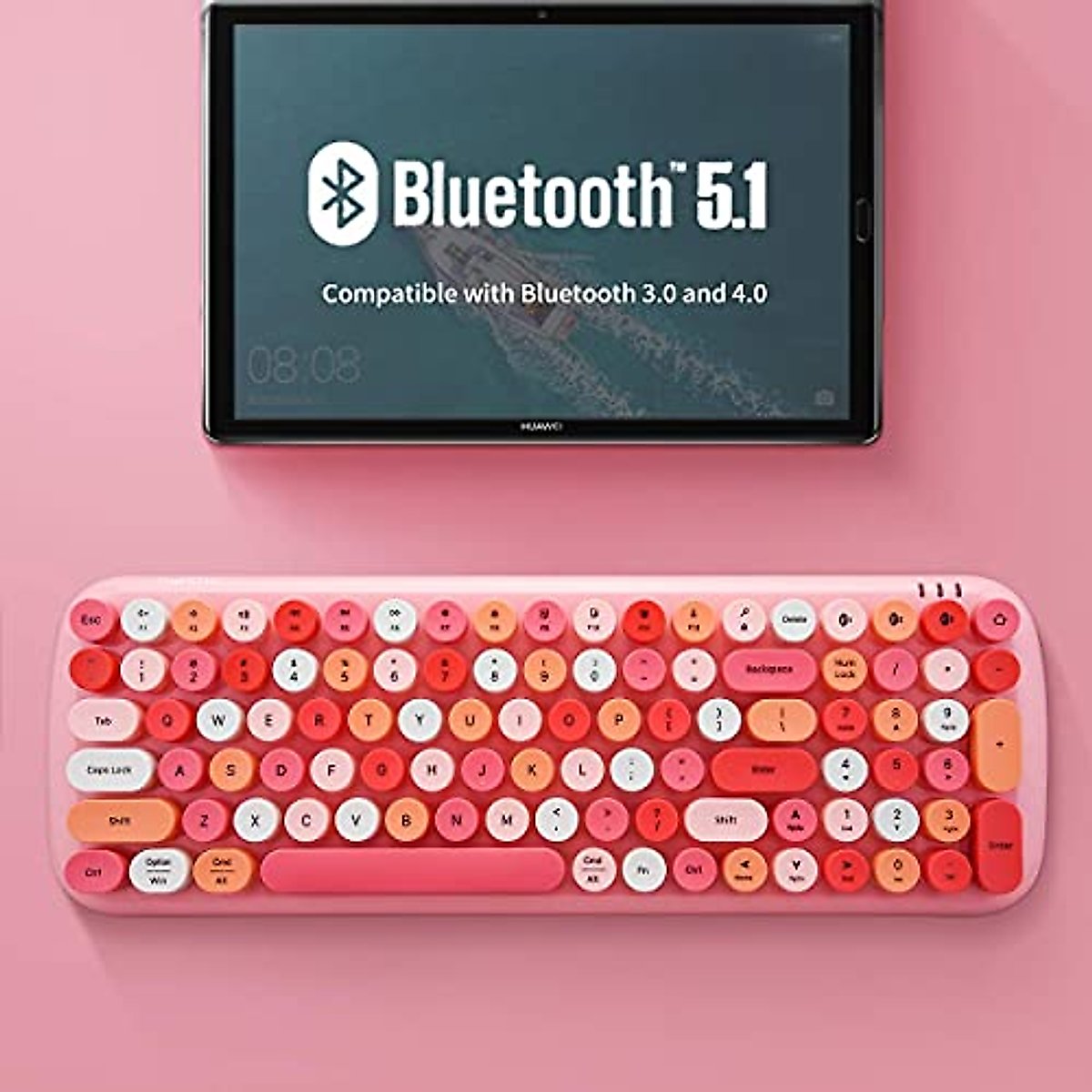 MOFII Bluetooth Wireless Keyboard for iPad, Laptop, PC, Mac, Smartphone, Connect 3 Bluetooth Devices, Cute Colorful Round Keys Retro Aesthetic Keyboard - Pink