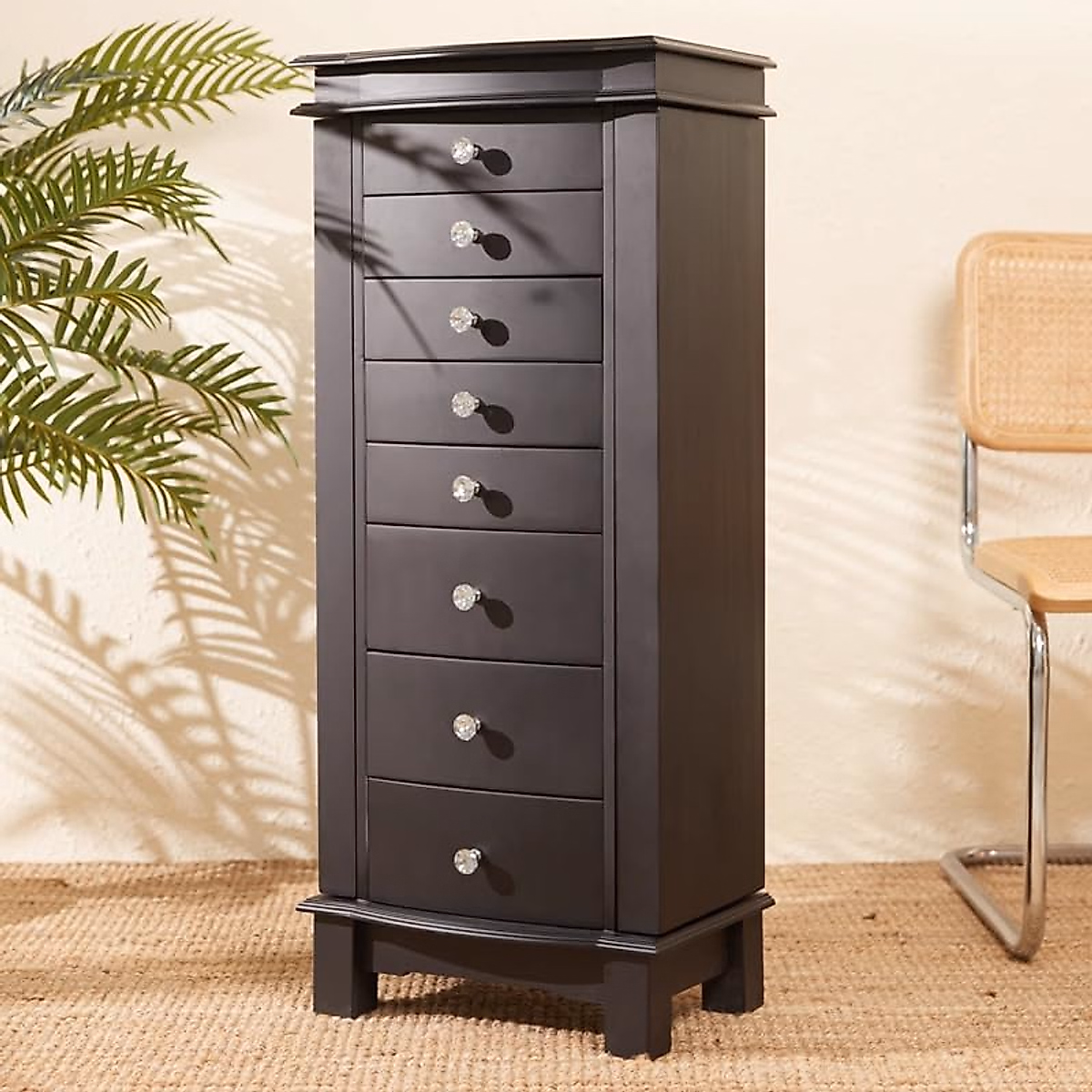 Jewelry Armoire with Mirror, 7 Drawers & 24 Necklace Hooks, 2 Side Swing Doors(Black Brown) (17.8 x 13 x 40)"