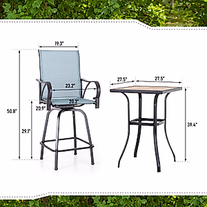 PHI VILLA Outdoor Patio Swivel Bar Set of 3, Jacquard Lake Blue Textilene Furniture Bistro Set with 2 Outdoor Bar Stools and Square Patio Bar Table for Garden Lawn Yard