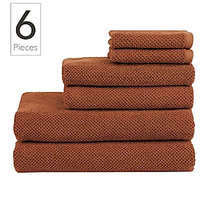 Nate Home by Nate Berkus 100% Cotton Textured Rice Weave 6-Piece Towel Set | 2 Bath Towels, Hand Towels, and Washcloths, Soft and Absorbent for Bathroom from mDesign - Set of 6, Sienna (Brown)