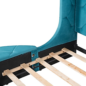 Velvet Queen Storage Bed Frame, Deluxe Upholstered Platform Bed with Wingback Headboard and 1 Big Drawer, 2 Side Storage Stool, No Box Spring Needed/ Easy Assembly (Queen Size, Blue)