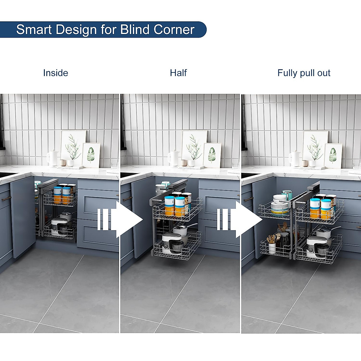 VADANIA Blind Corner Pull Out Organizer for 36" Cabinet, Left Open & Right Open Compatible, Min Opening 15", 2-Tier Pull-Out Basket, Soft Close, Bottom Mount