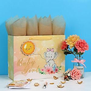 13” Large Light Yellow Cute Elephant Gift Bag Set with Greeting Card and Tissue Paper (3D Sun and Gold Foil ‘Baby Girl’) for Baby Girl, Baby Shower, Kids Birthday Party, Newborn, New Moms or Parents-13”x5.2”x10.2”, 1 Pcs.