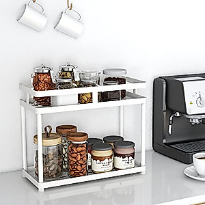 FLE Under Sink Organizer, 2 Tier Metal Under Bathroom Sink Storage Baskets with Hooks, Self Adhesive White Under Sink Shelf Organizer for Bathroom Kitchen