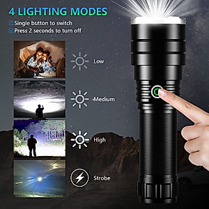 Rechargeable Flashlights High Lumens, 2 Pack 250000 Lumen Super Bright LED Flashlight, Powerful Handheld Flashlights with ΒATTERY & USB Cable, Waterproof Flashlight with 4 Modes for Camping