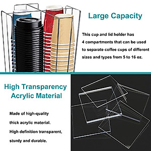 Tirifer Cup and Lid Holder, Coffee Cup Dispenser, Acrylic Cup Storage Organizer, Disposable Paper Cup Storage Holder with 4 Compartments for Countertop Coffee Station Bar Restaurant, Clear