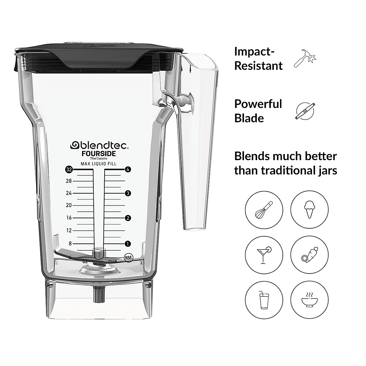 Blendtec 75 oz FourSide Commercial Jar - Four-Sided Replacement Blender Jar - Compatible with Most Blendtec Blenders - 32 oz Blending Capacity - Clear