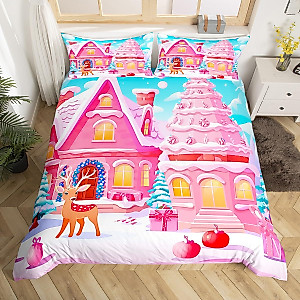 Feelyou Christmas Pink Comforter Cover Set Cute Deer Print Bedding Set Full Size for Kids Boys Girls Bedroom Bed Decor Xmas Christmas Duvet Cover Soft Bedspread Cover,No Comforter
