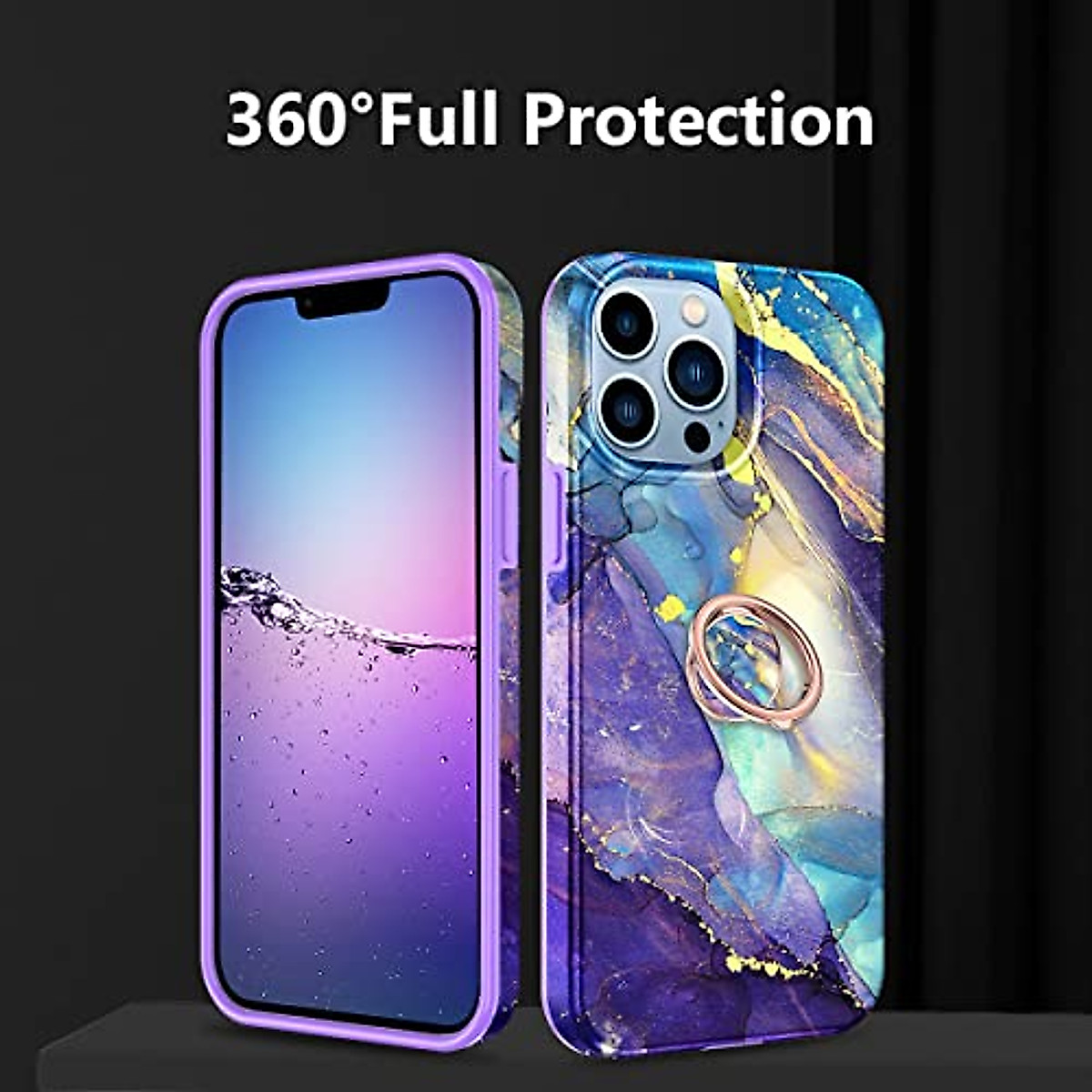 Rancase Compatible with iPhone 13 Pro Max Case with Ring Stand [360°Rotatable Ring Holder] Durable Marble Shockproof Kickstand TPU Slim Bumper Girls Case for iPhone 13 Pro Max 6.7 inch,Purple
