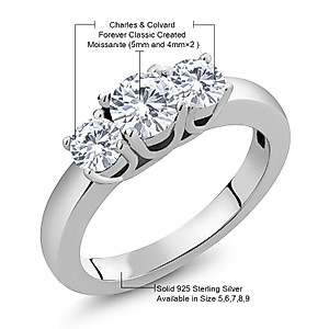 925 Sterling Silver Moissanite by Charles & Colvard 3-Stone Wedding Jewelry Bridal Engagement Ring For Women (1.00 Cttw, Forever Classic Round Cut, Available in size 5, 6, 7, 8, 9)
