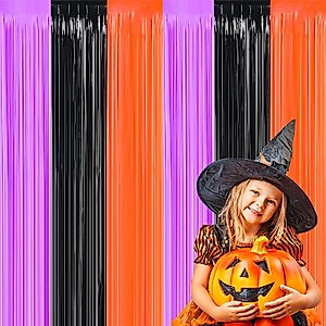 FOIMAS 3 Pack Halloween Tinsel Foil Fringe Curtain,3.3x6.6ft Black Orange Purple Tinsel Fringe Streamers Photo Booth Prop for Halloween Party Decoration Back Drop