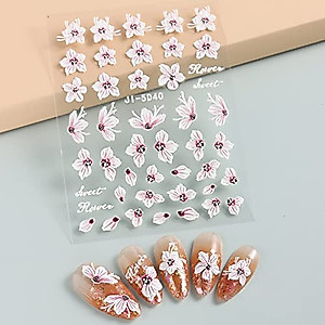5D Flowers Nail Art Stickers, 6 Sheets Self Adhesive Nail Decals Spring Daisy Nail Art Design Cherry Blossom Stickers for Acrylic Nails Gold Bronzing Pegatinas Uñas Nail Stickers for Women
