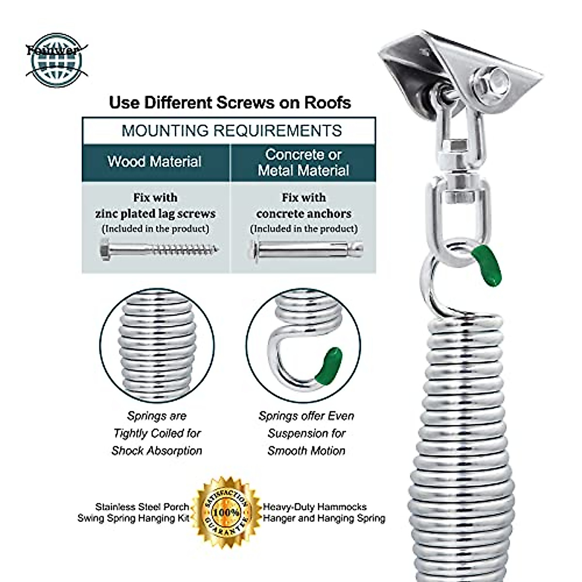 Porch Swing Hanging Spring Kit, Load 1600 lbs, 360 Rotating, Stainless Steel Heavy Duty Hanger Spring for Porch Swing, Hammocks, Swing Chair, Sandbags, Yoga, etc. [2 Sets]