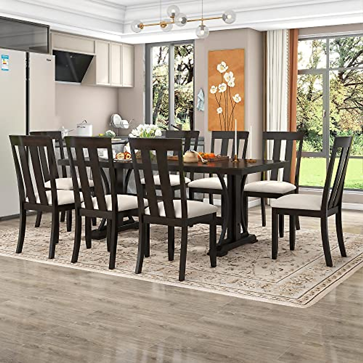 LZ LEISURE ZONE Dining Table Set, 9-Piece Retro Style Dining Room Sets, 78" Wood Rectangular Table and 8 Dining Chairs for Dining Room, Espresso