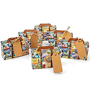 VGOODALL 50PCS Mini Suitcase Favor Box, Scenic Spots Party Favor Candy Boxes, Vintage Kraft Paper Gift Box with Tags and Burlap Twine for Wedding Travel Themed Party Bridal Shower Decoration