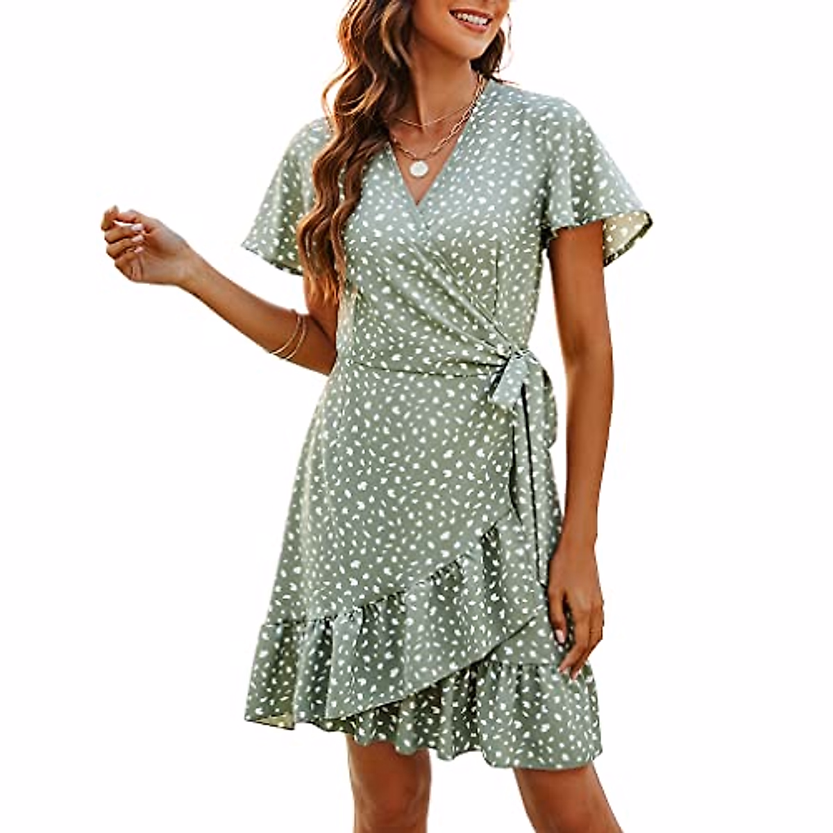 Naggoo Summer Dress for Women Short Wrap Dress Country Dress Sage Green S