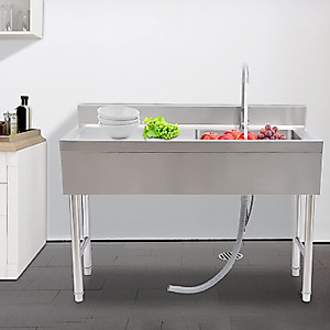 Freestanding Stainless Steel Sink, Commercial Restaurant Sink w/Faucet & Drainboard for Cafe, Bar, Hotel, Garage, Laundry Room w/Workbench & Storage Shelves Indoor Outdoor
