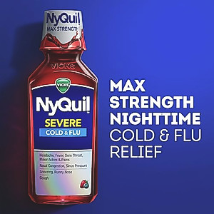 Vicks NyQuil SEVERE Cold and Flu Relief Liquid Berry Flavored Medicine, Maximum Strength, 9-Symptom Nighttime Relief For Fever, Sore Throat, Nasal Congestion, Sinus Pressure, Sneezing, Cough, 12 FL OZ