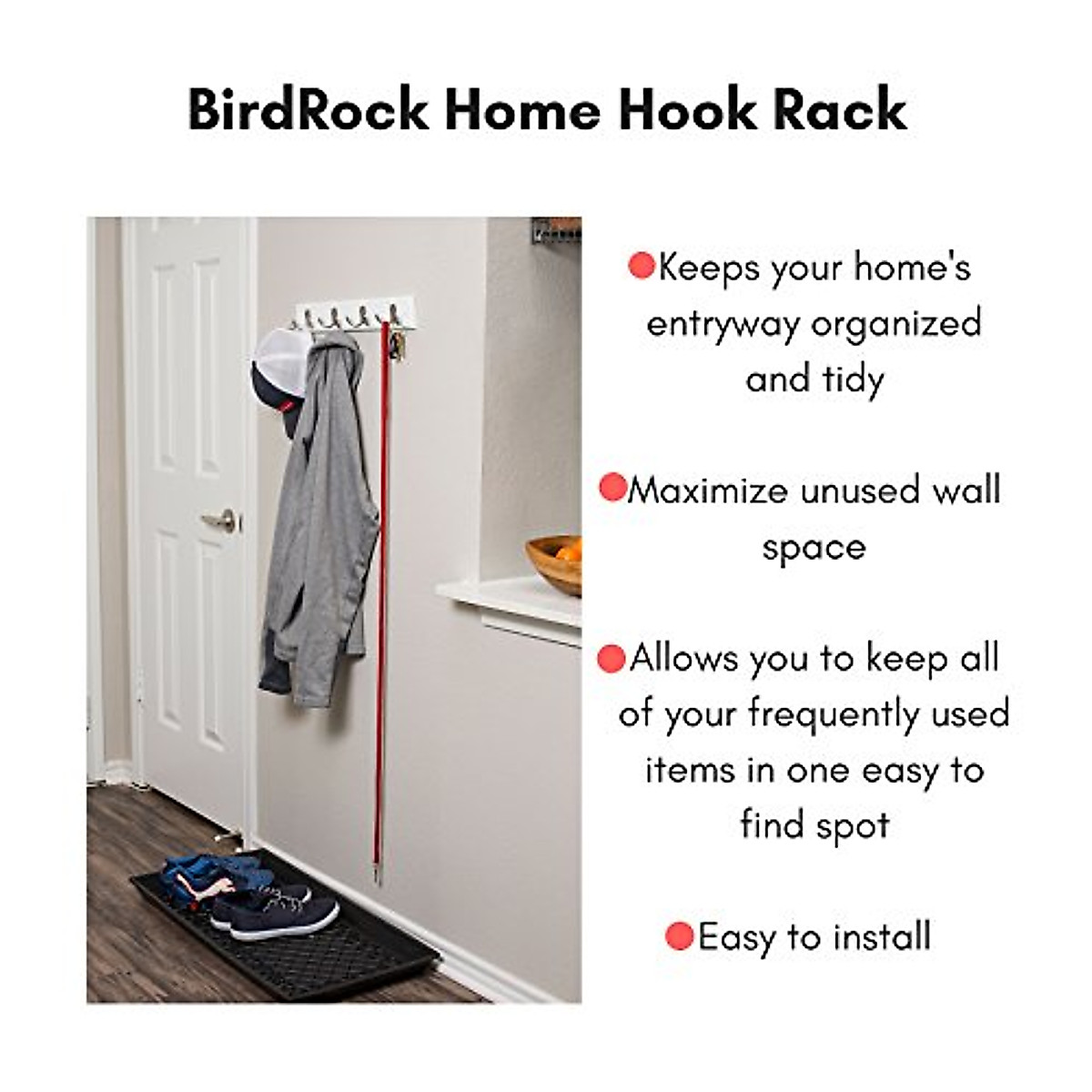 BirdRock Home Dual Hook Coat and Hat Rack - 4 Dual Hooks - 17 Inches - Wall Mount - Decorative Home Storage - Entryway Foyer Hallway Bathroom Bedroom Rail - Satin Nickel Hooks - White Pine Bathroom Ra