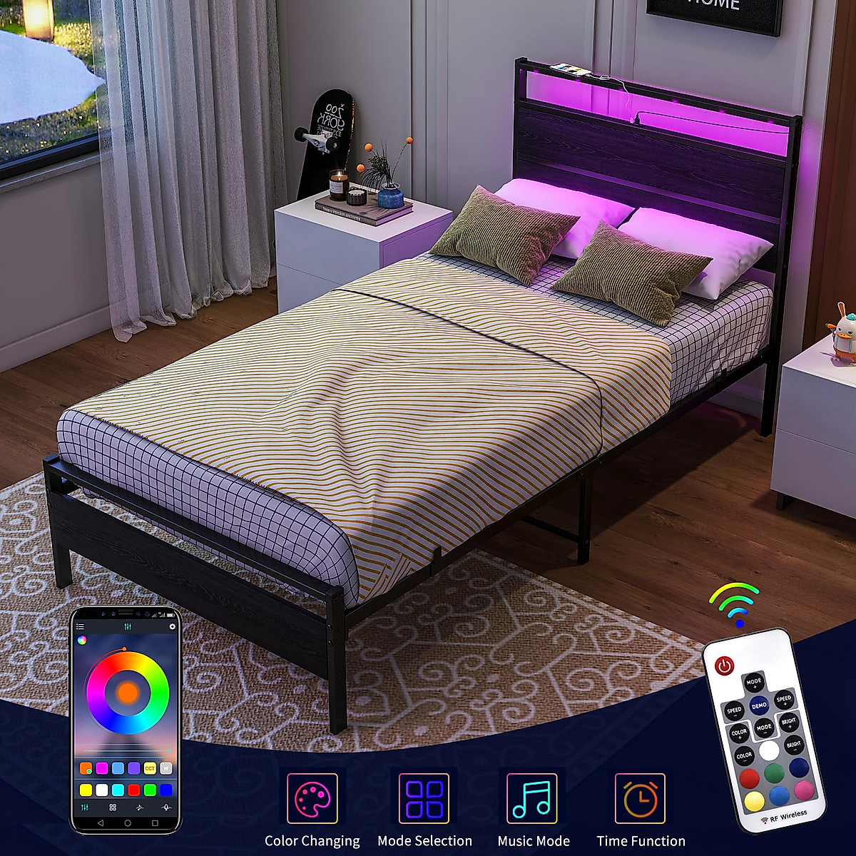 Twin Bed Frame with Headboard/LED Lights,Metal Bed Frame Twin Size with Charging Station,Twin Platform Bed Frame Twin Size No Box Spring Needed,Beds Base,Heavy Duty Metal Slats Support,No Noise,Black