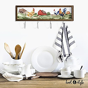 Knot and Style Rooster Decor Wall Art - Chicken Kitchen Decor (4 x Towel/Coat/Key Hooks) Made from Wood 3.5 x 16.9 & Wall Mounting Screws Country Kitchen Decor - Rooster Kitchen Decorations