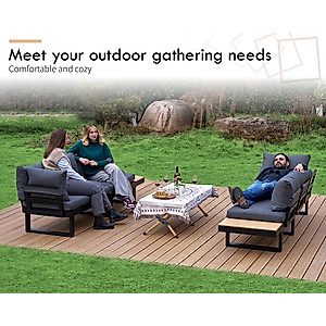 PaPaJet Aluminum Patio Conversation Set with Backrest, 3 Piece 3 Seat Modern Outdoor Furniture Set with Wood Grain Plastic Top Side Table for Backyard Porch, Gray