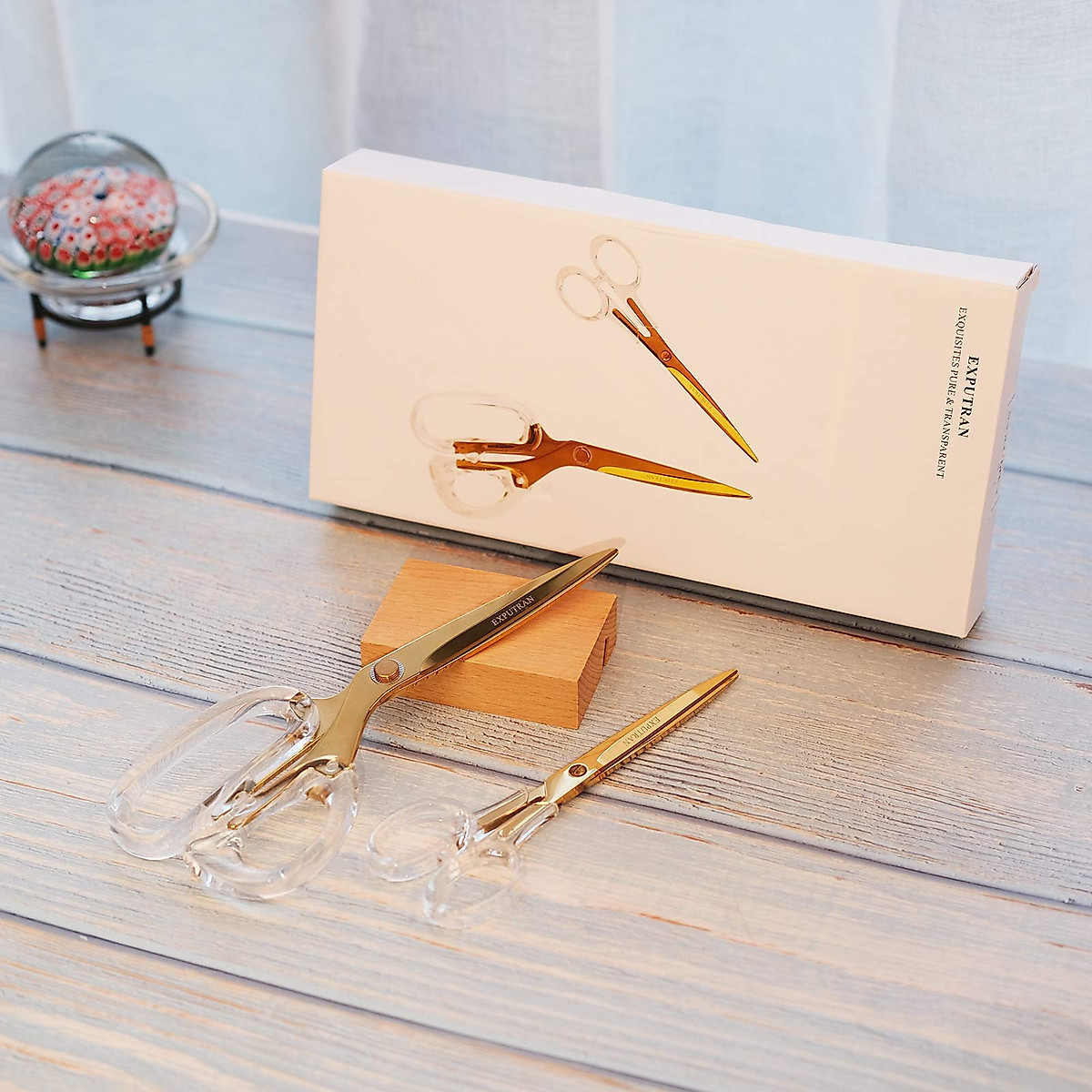 EXPUTRAN Acrylic Scissors, 9 inch and 7inch Set, Clear and Gold-Toned Scissors for Left and Right Hand, Craft Scissors,Gold Office Supplies and Accessories