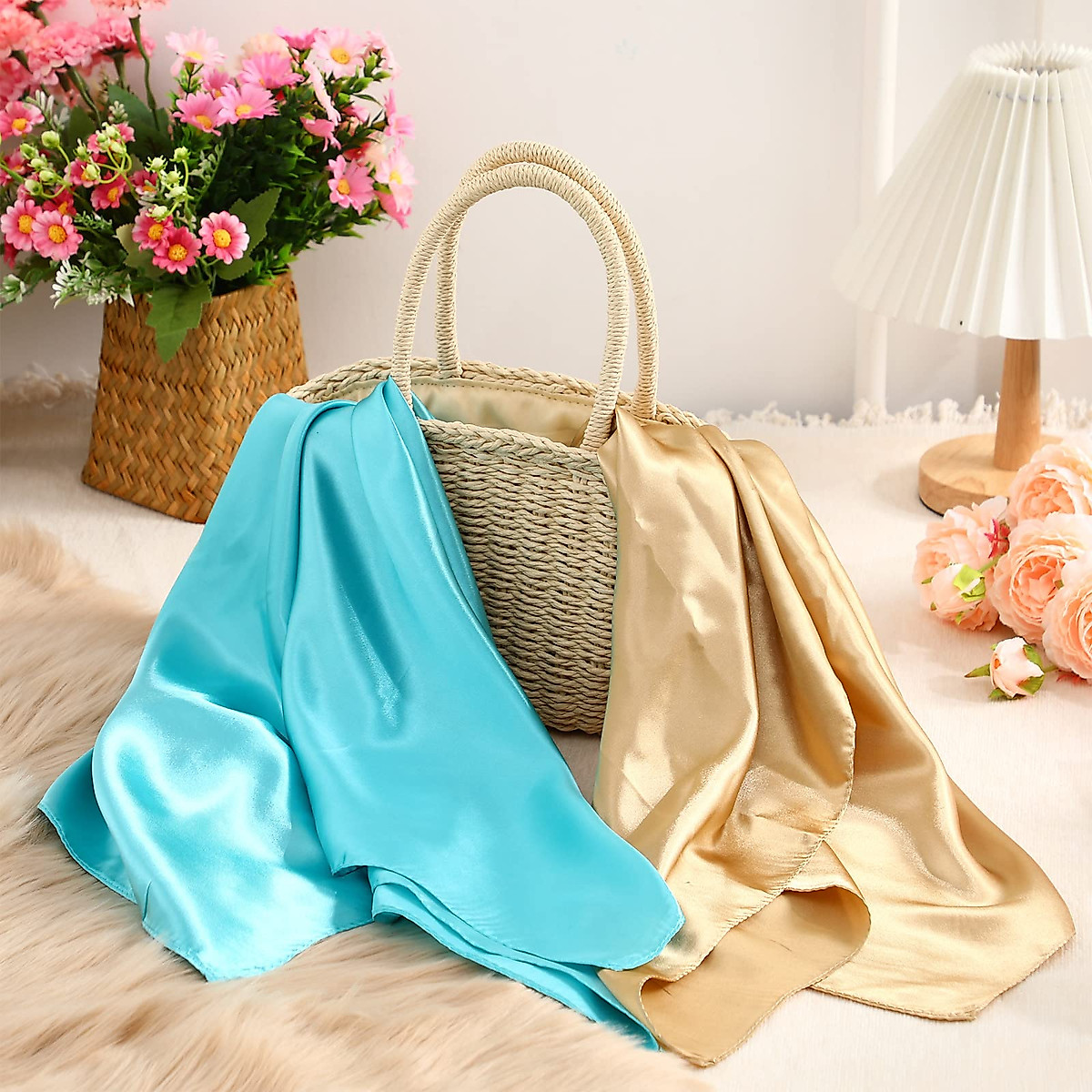 Sureio 48 Pcs 35 Inch Satin Head Scarves Bulk for Women Silk Like Neck Scarf Large Fashion Satin Scarf Bandanas for Hair Wrapping and Sleeping at Night, 48 Colors