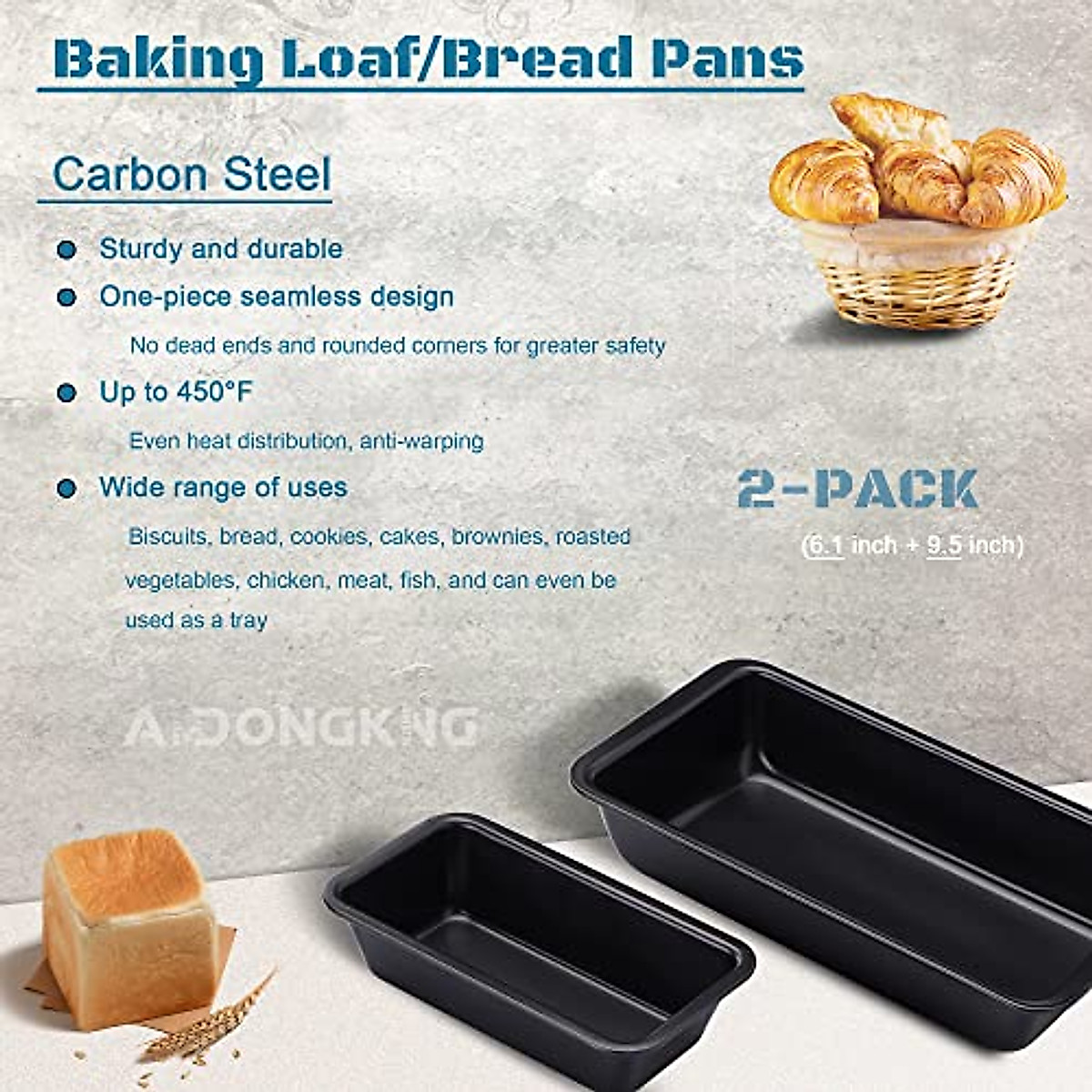 AmDONGKING Baking Loaf Pans, Nonstick Carbon Steel Bread, Cake, Brownies, Pie Pan, Kitchen Bakeware, 2-Pack, 6.1" & 9.5"