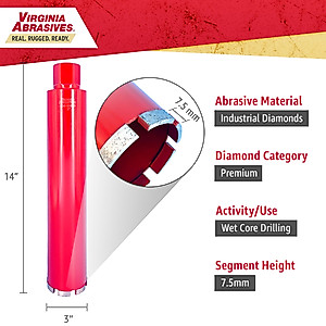 Virginia Abrasives 425-03040 - 1pc 3" x1 4" x 1-1/4"-7 Premium 4" Diamond Core Drill Bits for Wet Cutting & Hole Maximum Drilling Depth & Barrel Coring Reinforced Concrete,Hard Stone,Brick, & Masonry