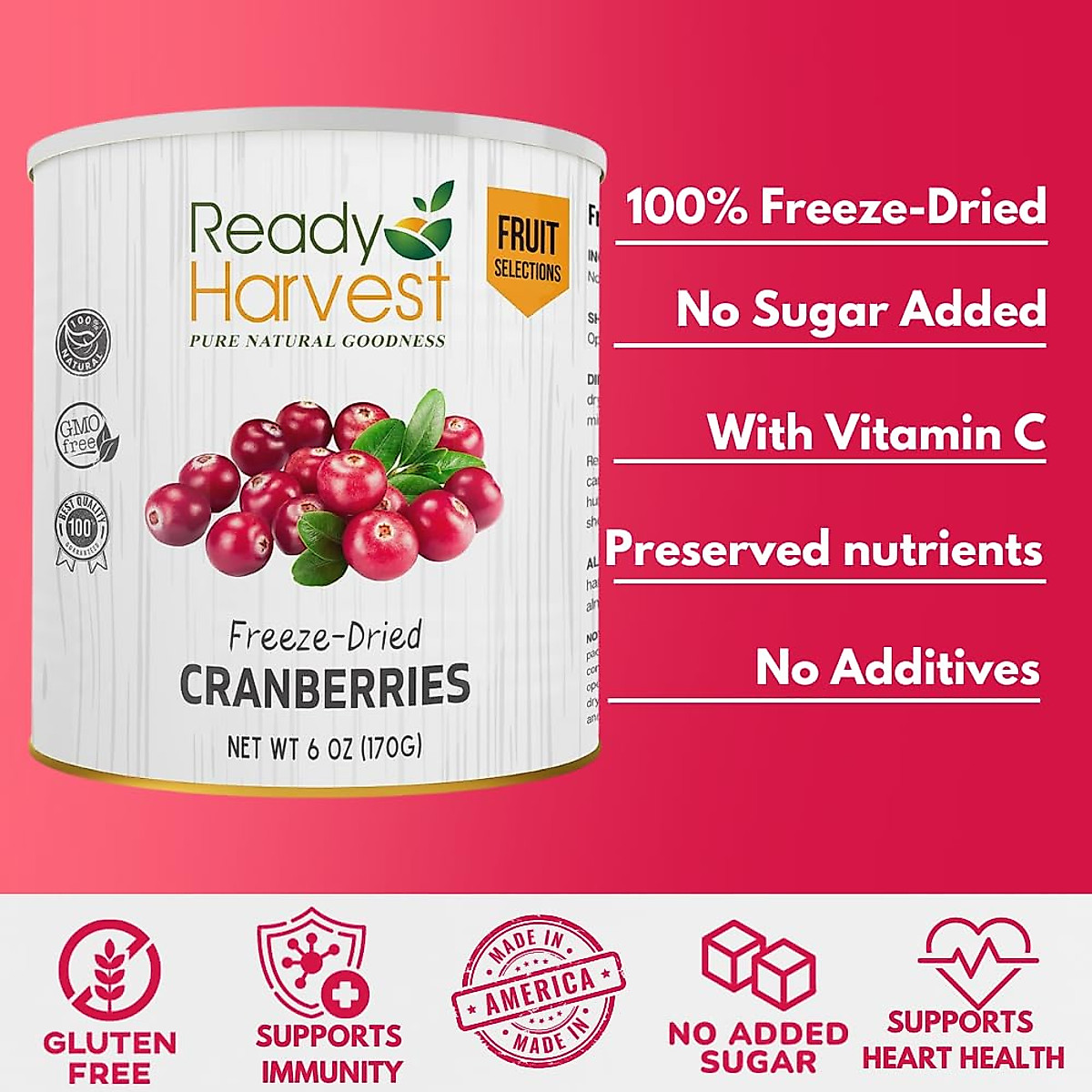 Ready Harvest Cranberries Dried Fruit Freeze-dried Fruit, Unsweetened, Freeze-dried Food Pantry Staples Survival Food, Bug Out Bag Backpack, Camping Essentials, #10 Can | 25-year shelf life 170g