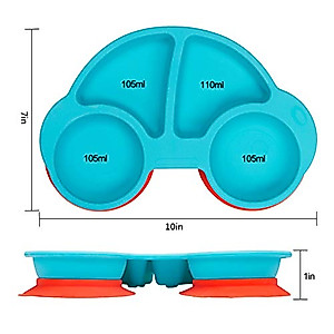 Silicone Divided Toddler Plates - Portable Non Slip Suction Feeding Plates for Children Babies and Kids BPA Free Baby Dinner Plate (Car-Blue)