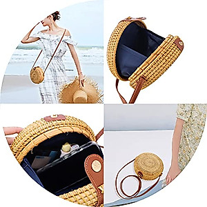 WYBG Handwoven Boho Rattan Bag with Leather Strap Round Circle Woven Wicker Chic Women Handbag Handmade Bali Ata Shoulder Bag Weave Crossbody Bag Wicker Straw Purse for Women Girls